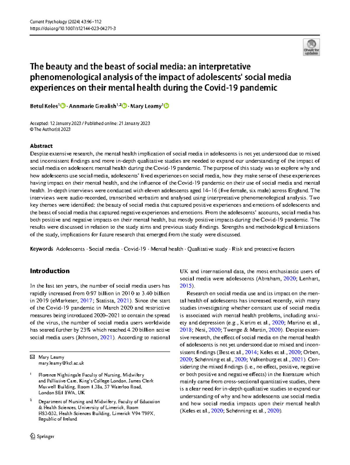 S12144 023 04271 3 - The Beauty and Beast of Social Media: Adolescent ...