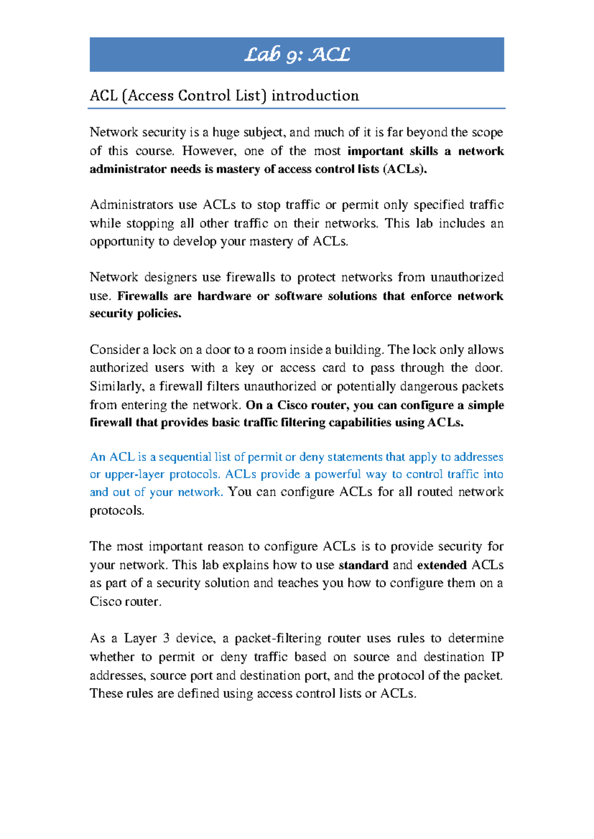 Lab 9: Mastering Access Control Lists (ACLs) for Network Security - Studocu