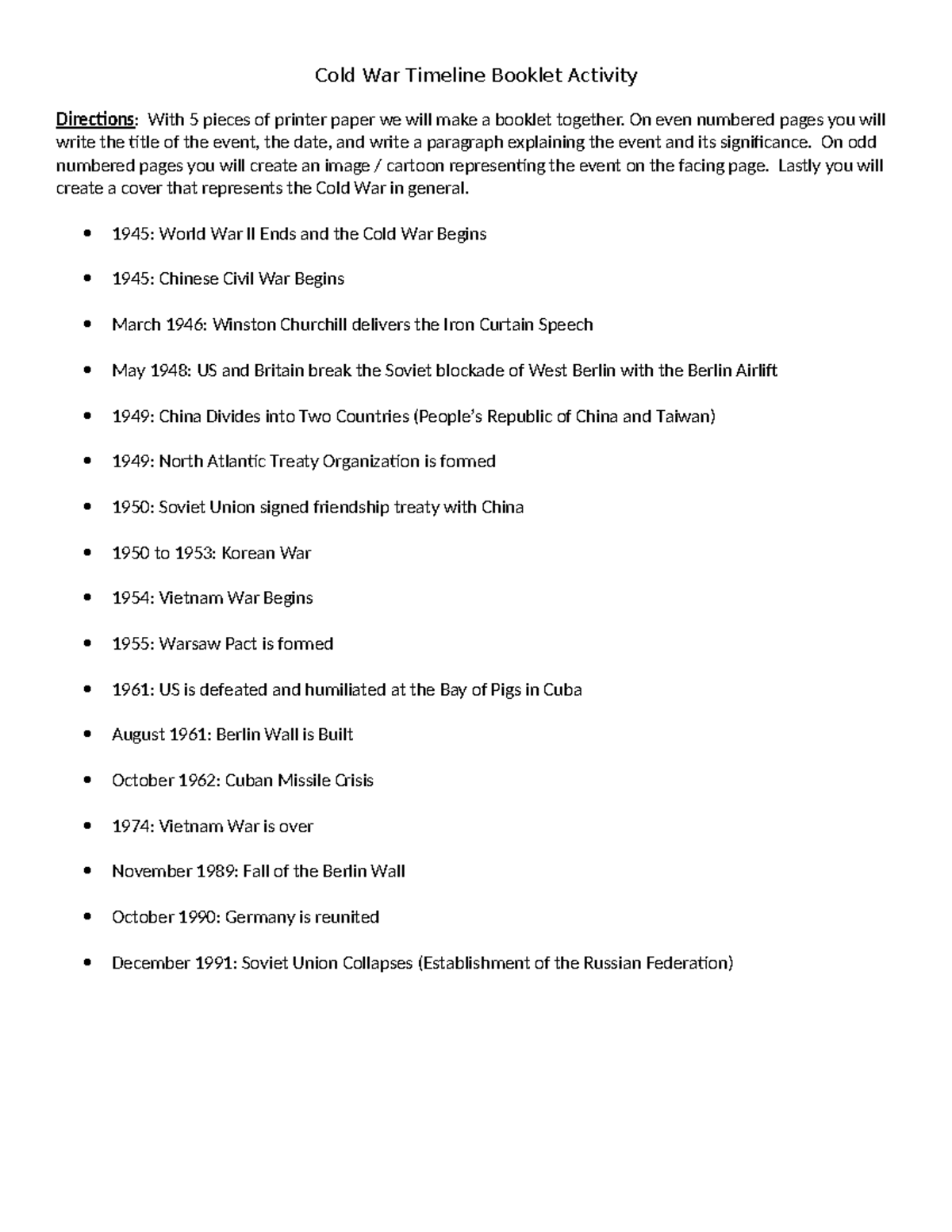 Cold War Timeline Activity: Key Events from 1945 to 1991 - Studocu