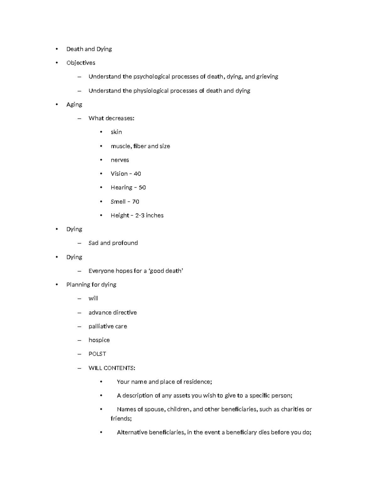 Death and Dying Outline: Psychological and Physiological Processes ...
