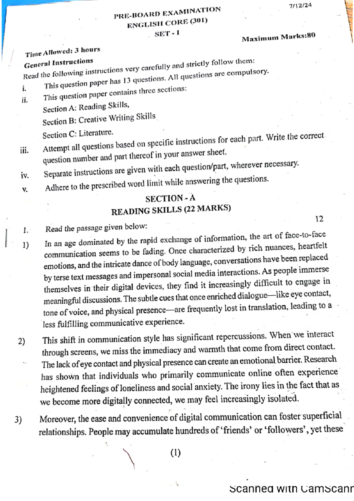 ENGLISH (301) PRE BOARD SET 1: Communication & Mental Health Insights ...