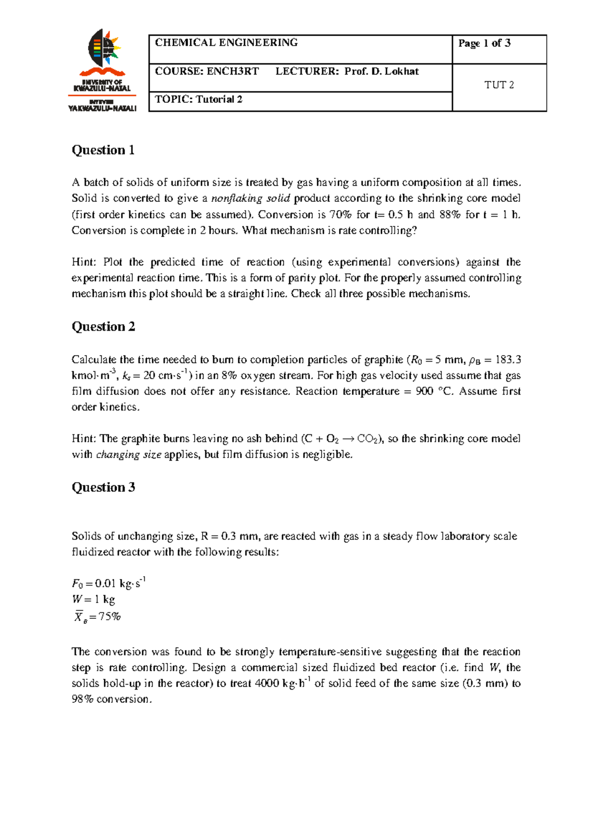 ENCH3RT Tutorial 2: Solid-Gas Reaction Mechanisms and Reactor Design ...