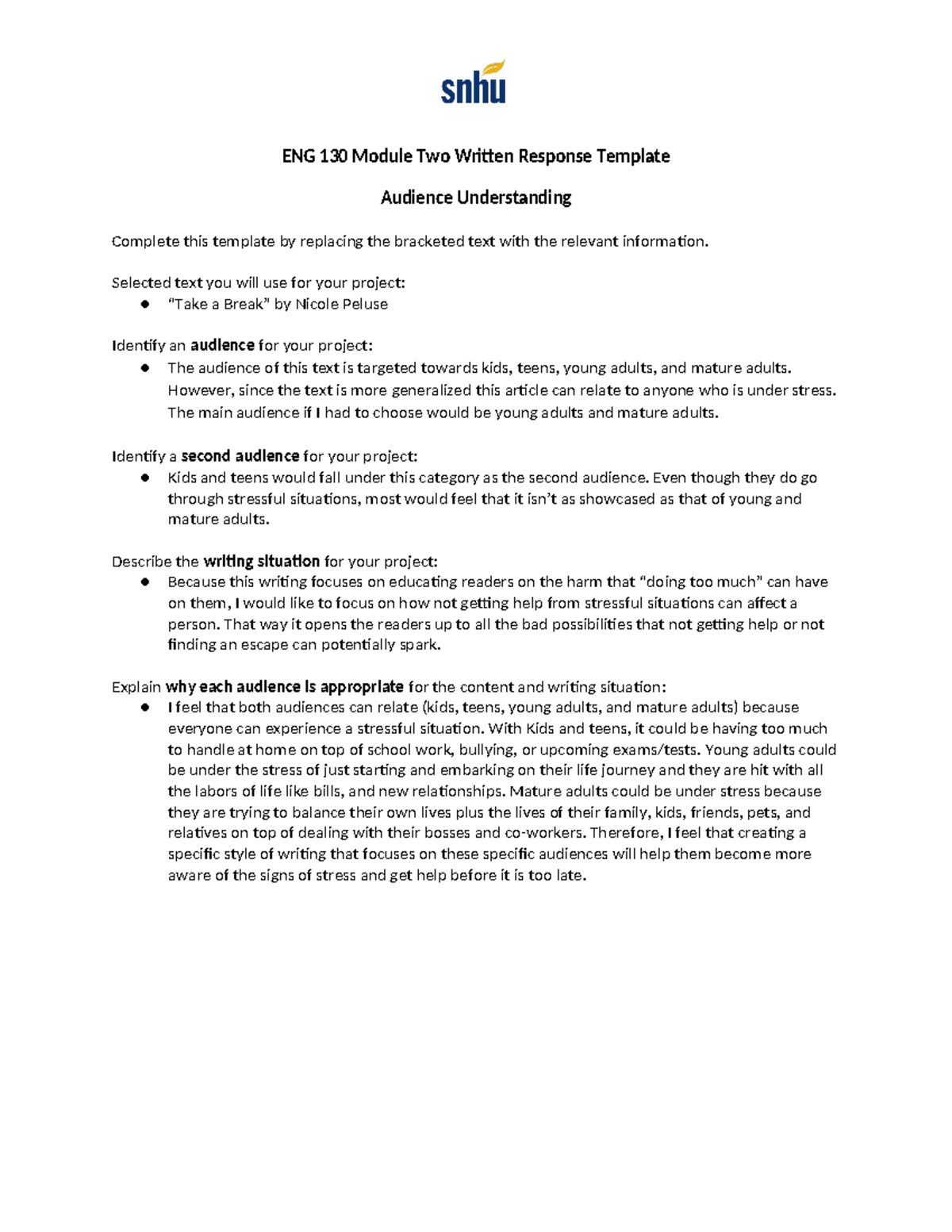 ENG 130 Module Two Written Response Audience Analysis Guide - Studocu