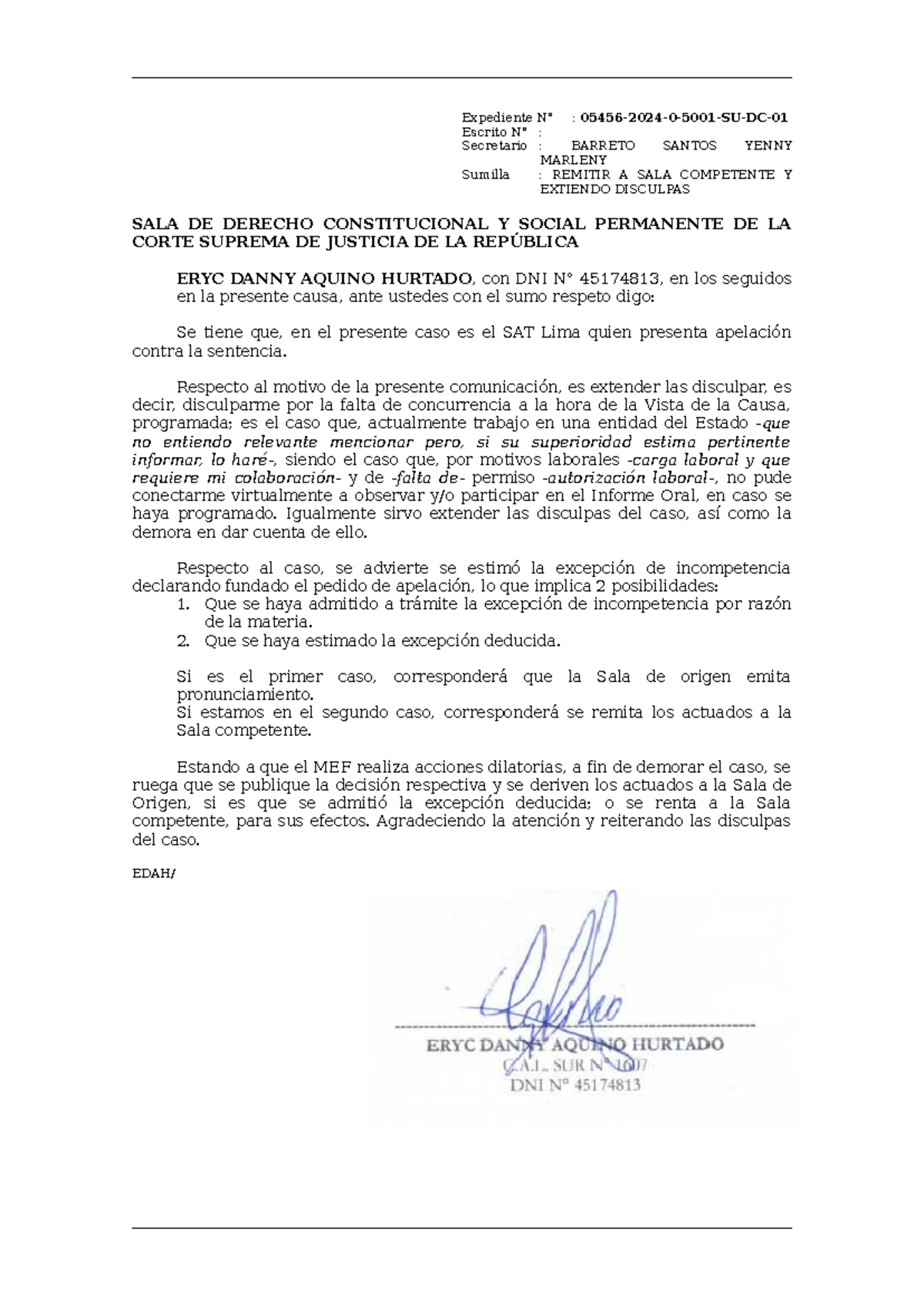 Apelación TF ERYC - Disculpas y Procedimiento en Sala Constitucional ...