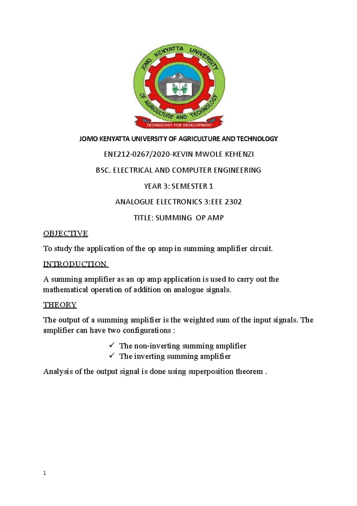ENE212-0267 Summing Amplifier Final Report - EEE 2302 Analysis - Studocu