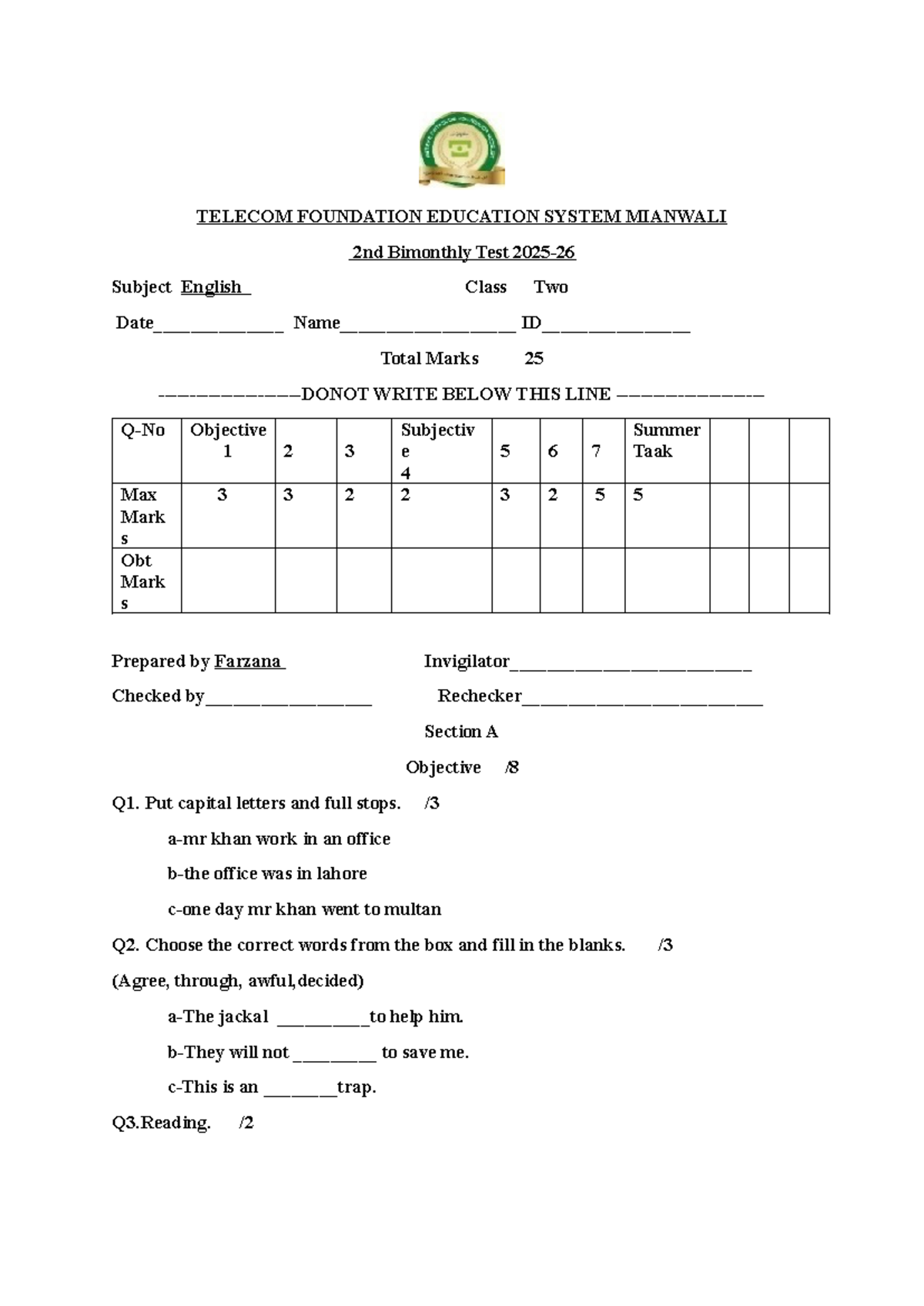 Class 2 English 2nd Bimonthly Test - Total Marks 25 - Studocu