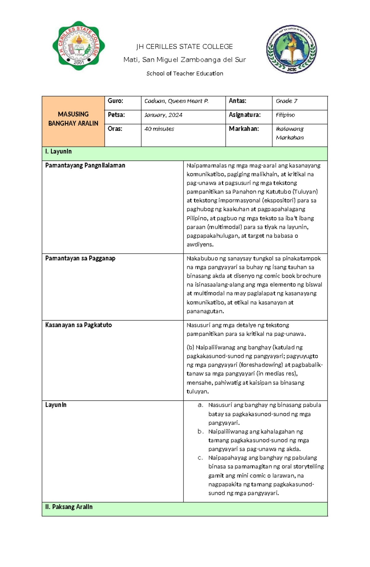 MASUSING BANGHAY ARALIN sa Filipino 7: Pabula at Banghay - Studocu