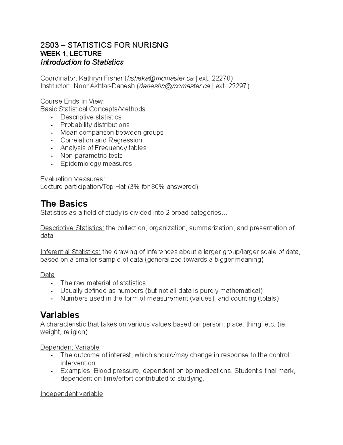 Lecture 1 Notes for 2S03 - Introduction to Statistics in Nursing - Studocu