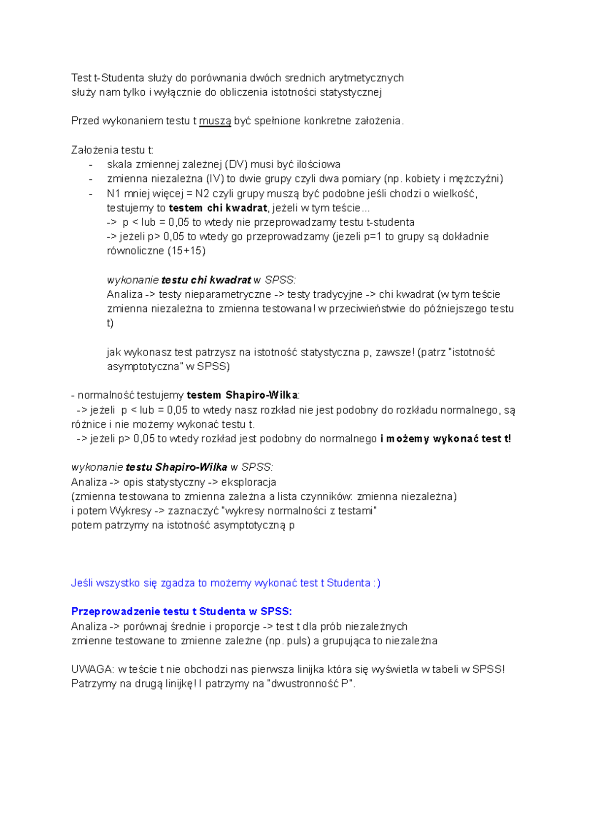 Statystyka: Test t Studenta dla prób niezależnych w SPSS - Studocu
