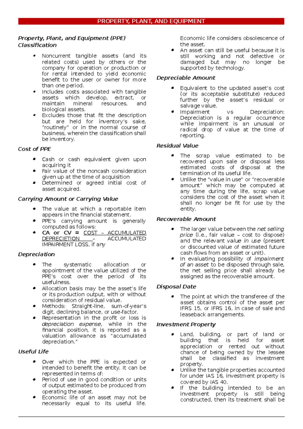Property, plant, and equipment (PPE) notes and classifications - Studocu