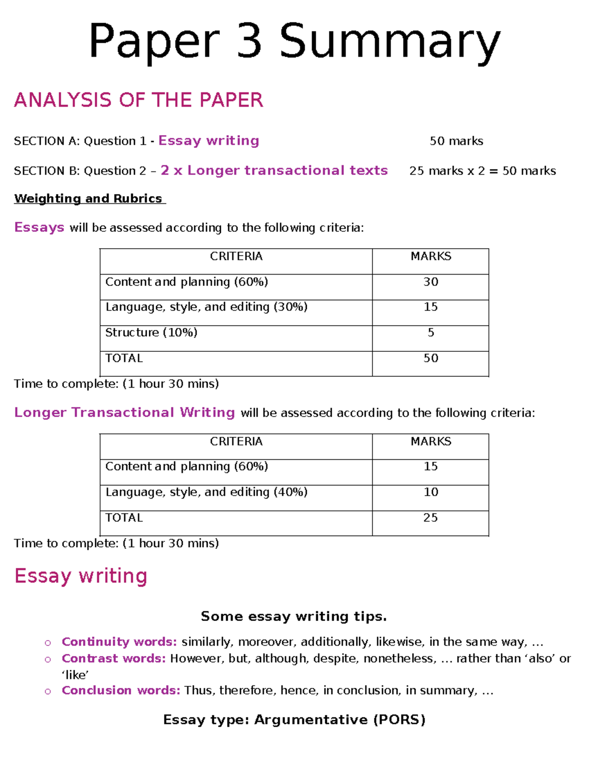 Paper 3: Essay Writing & Transactional Texts Guidelines - Studocu