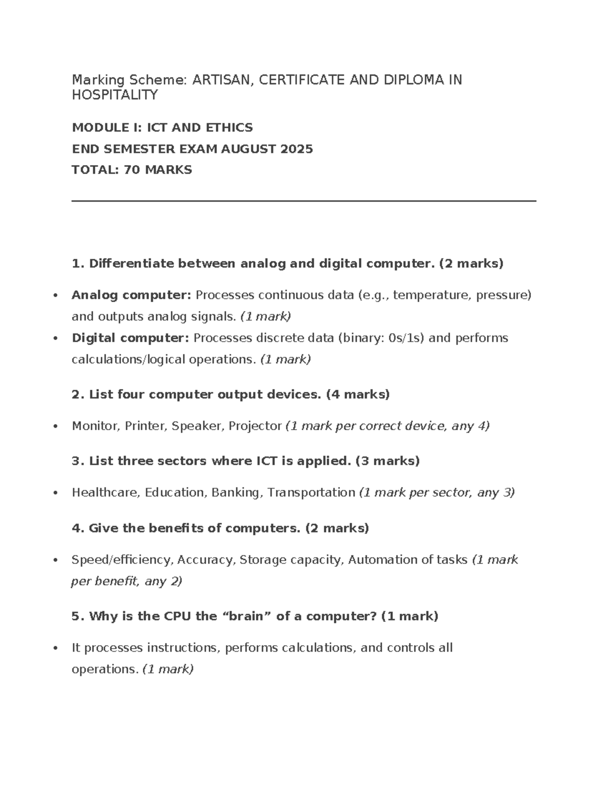 Marking Scheme: ICT & Ethics End Semester Exam - ARTISAN 2025 - Studocu