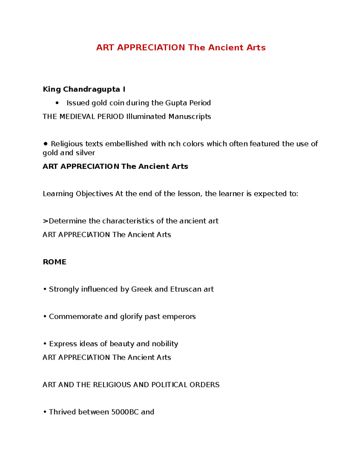 Art Appreciation - ART 101 Ancient and Medieval Arts Overview - Studocu