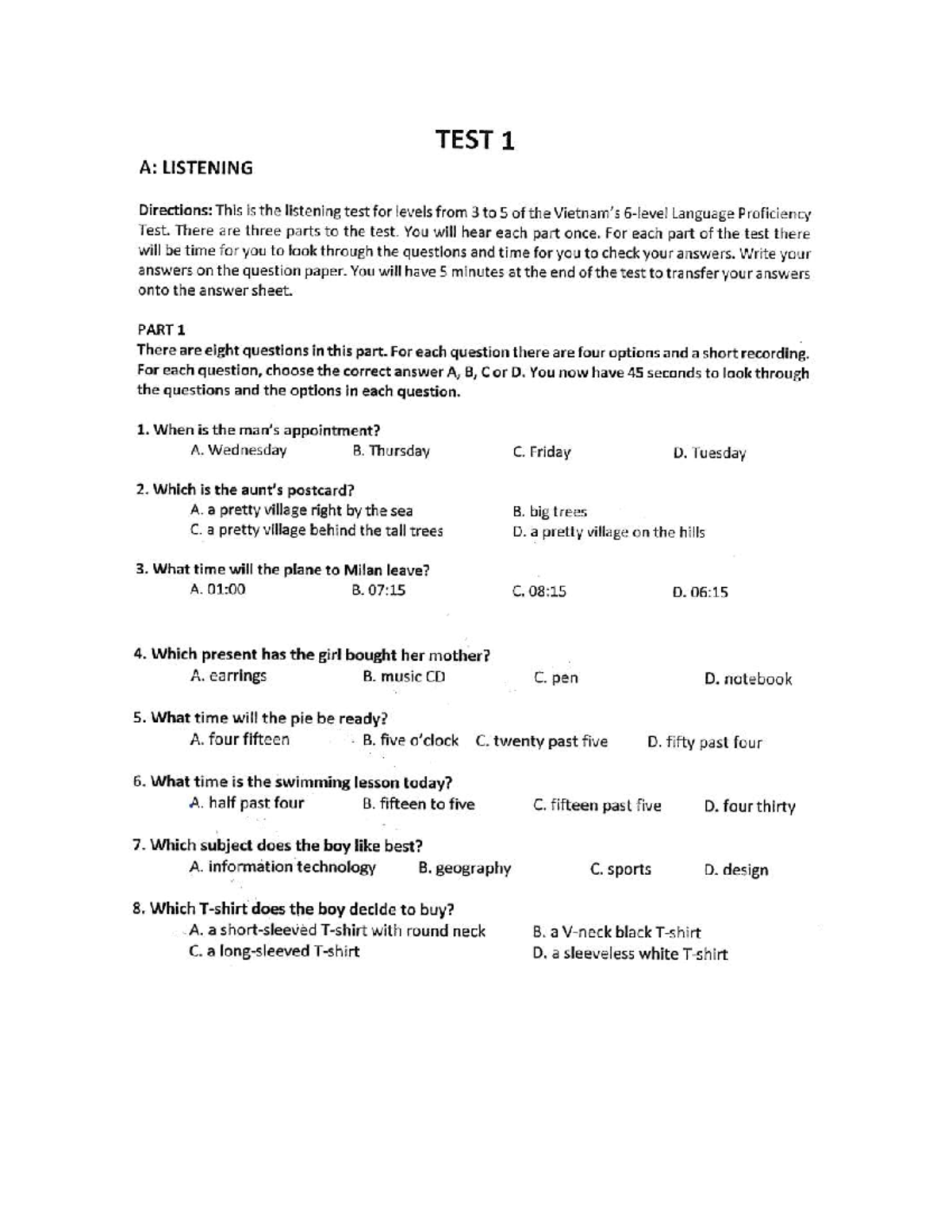 Listening Test 1: Language Proficiency Levels 3-5 - Studocu