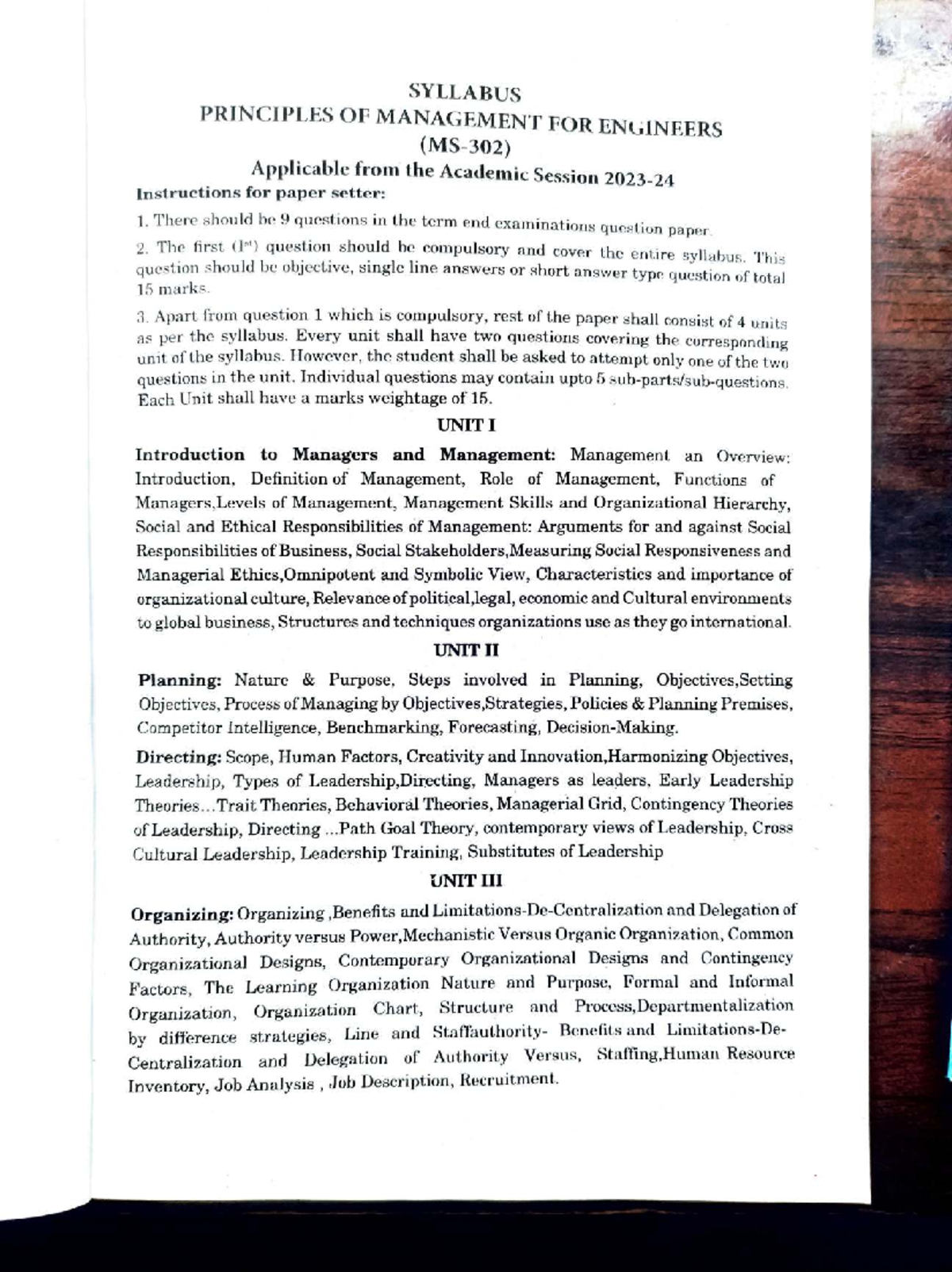 SYLLABUS FOR PME 6TH SEMESTER: PRINCIPLES OF MANAGEMENT FOR ENGINEERS ...