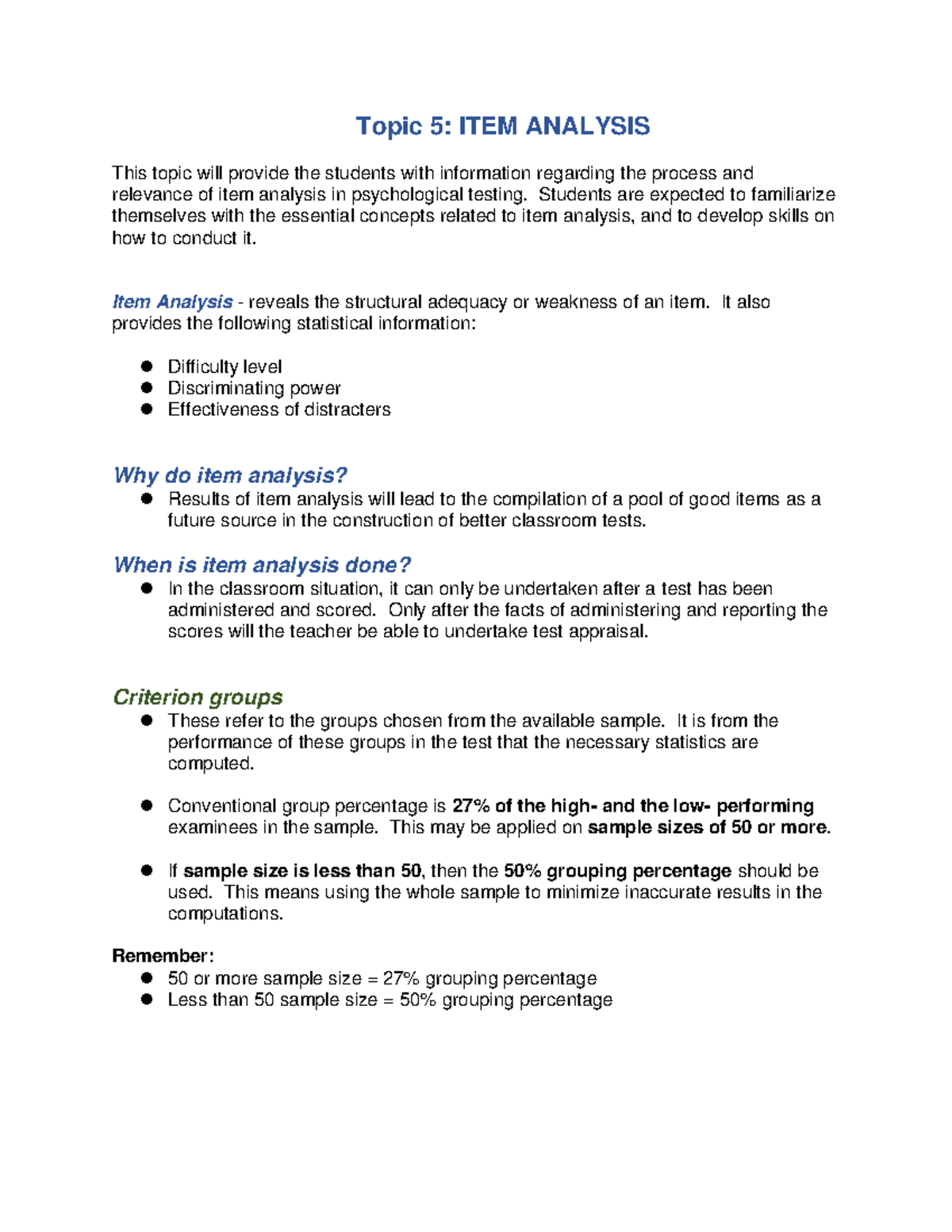 Item Analysis Overview - PSY 221628141 - Key Concepts and Applications ...