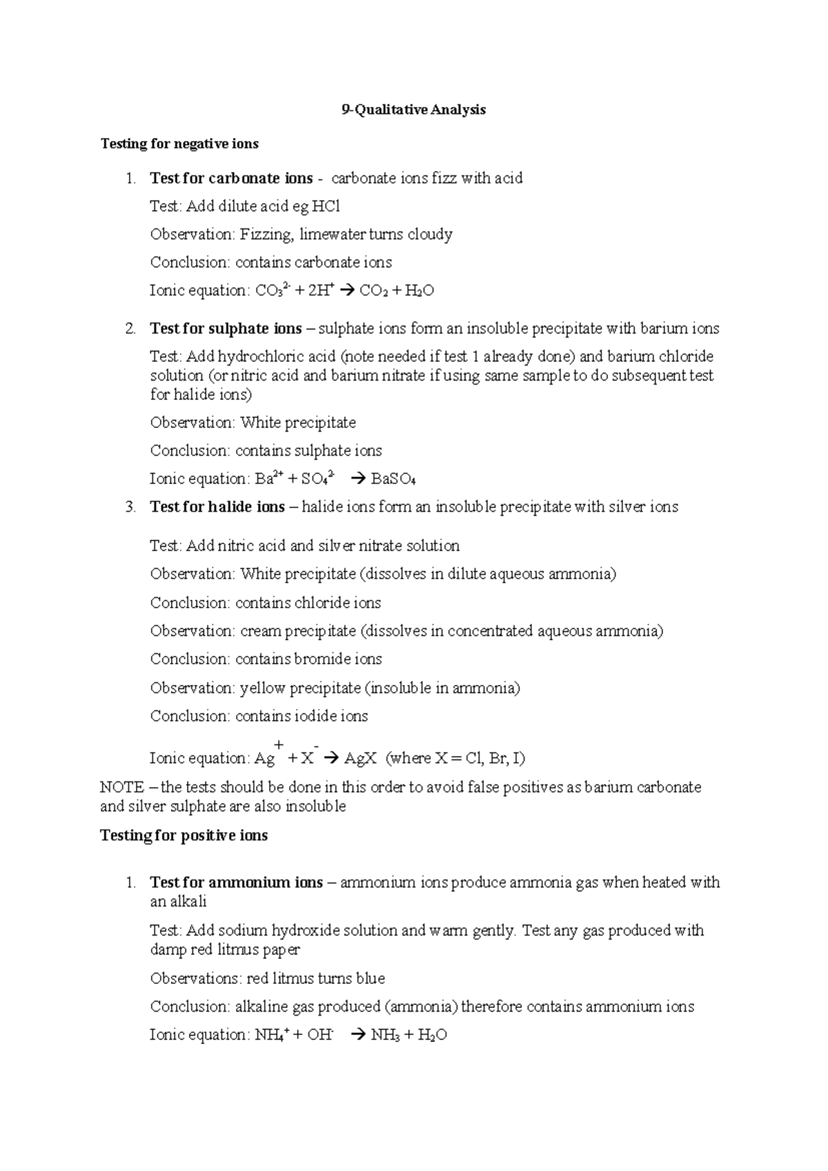 Qualitative analysis summary sheet - 9-Qualitative Analysis Testing for ...