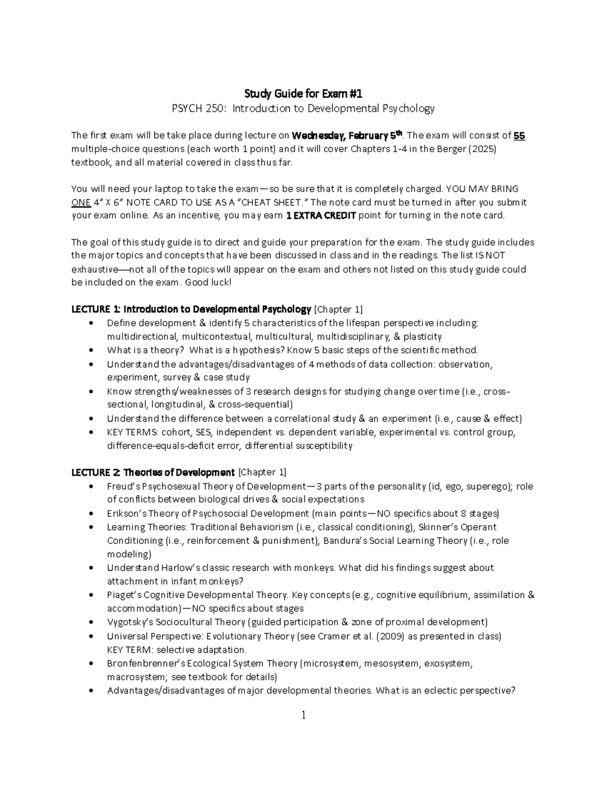 Study Guide for PSYCH 250: Developmental Psychology Exam Preparation ...