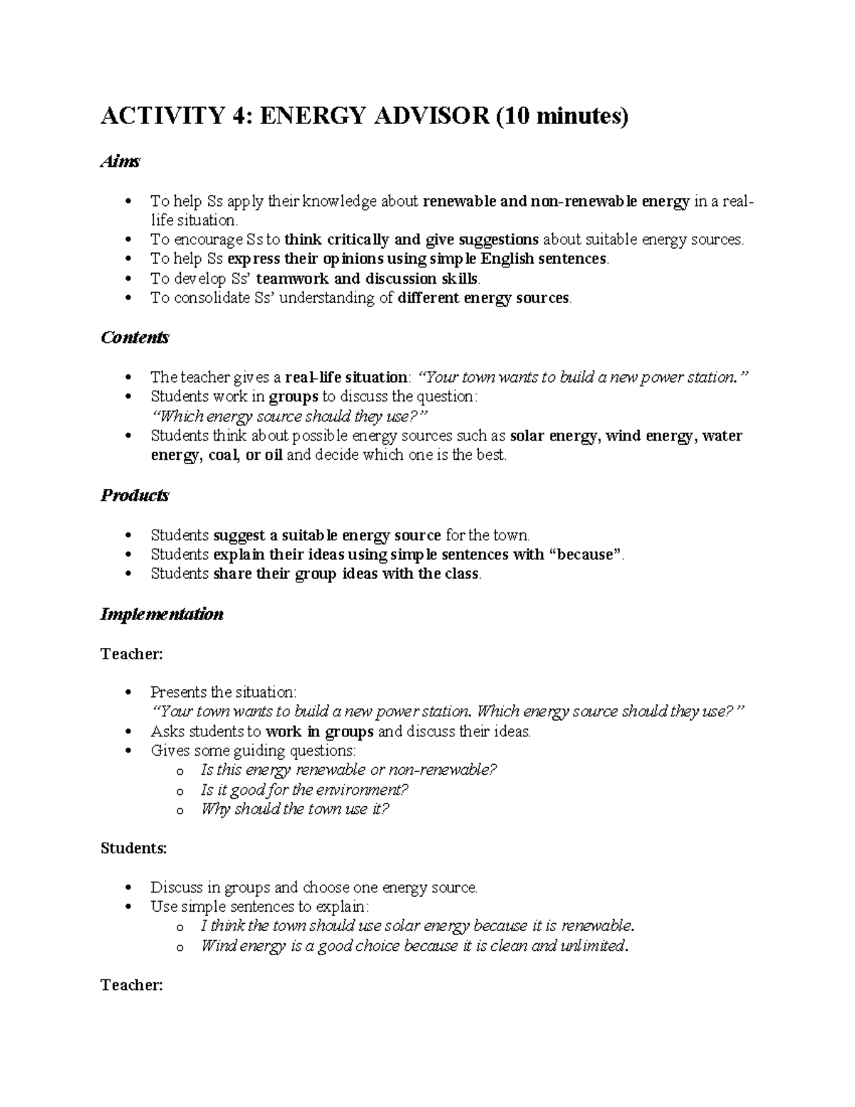 Activity 4: Energy Advisor - Group Discussion on Renewable Sources ...