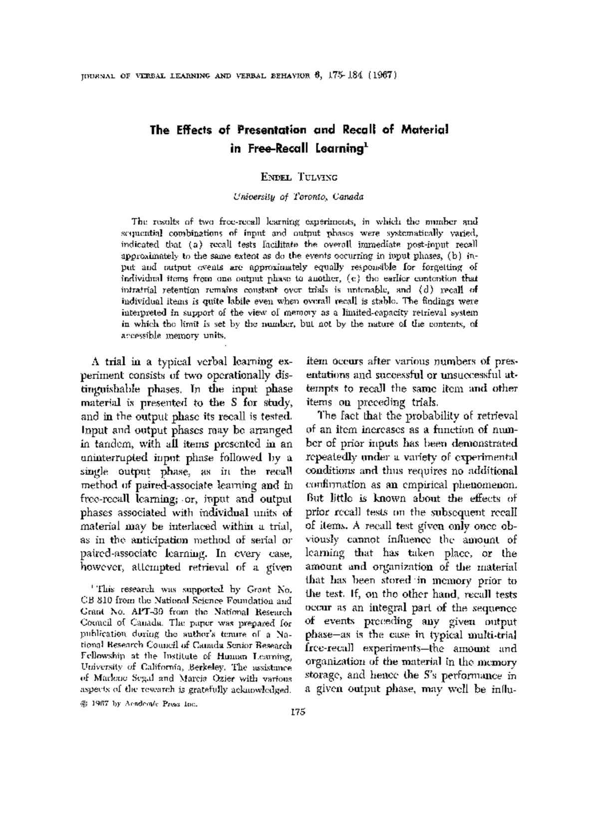 Tulving 1967 - ####### JOURNAL OF VERBAL LEARNING AND VERBAL BEHAVIOR 6 ...