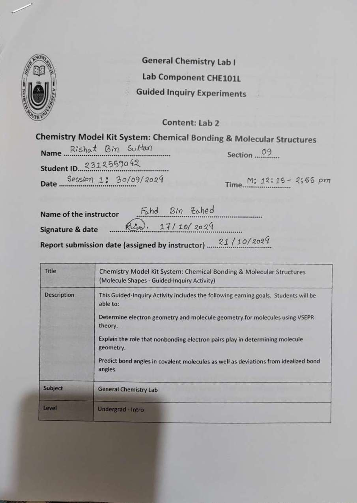 CHE101L General Chemistry Lab I: Molecule Shapes Activity Report - Studocu