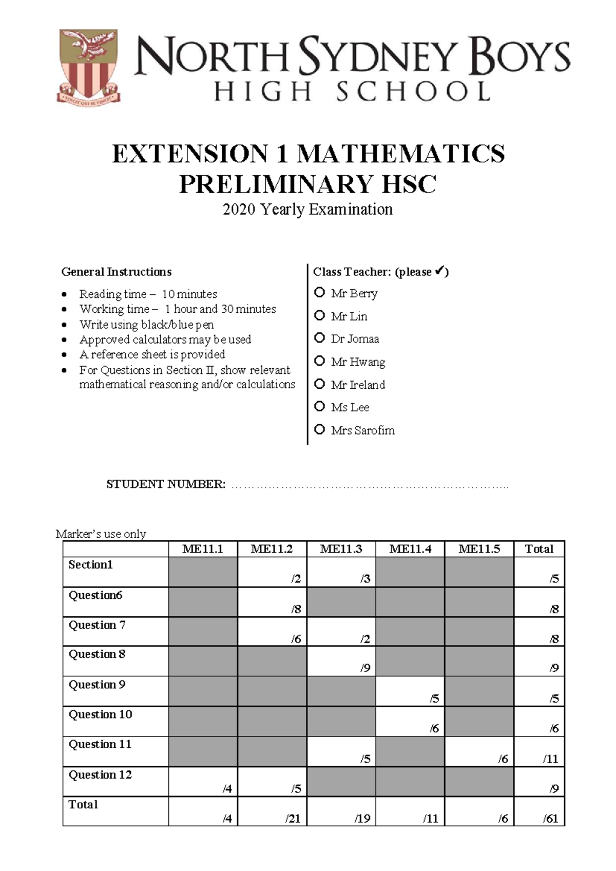 2020 Yr 11 Extension 1 Mathematics Yearly Exam Instructions - Studocu