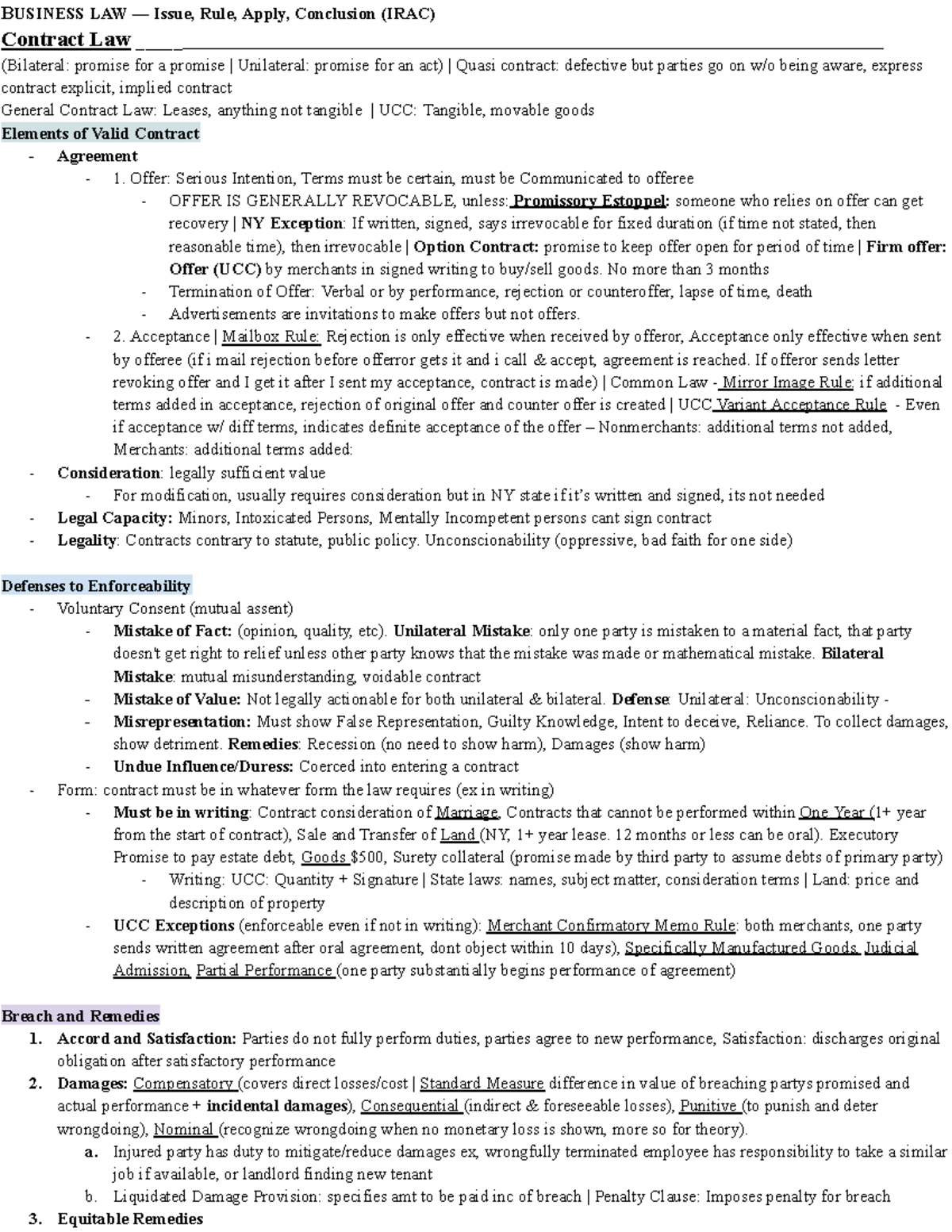 BUSINESS LAW Cheat Sheet: Contract Law Overview and Key Concepts - Studocu