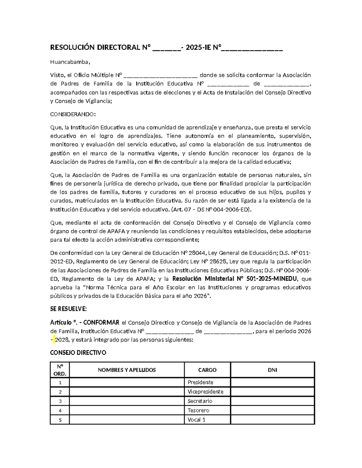 Resolución Directoral sobre Conformación de APAFA 2026-2028 - Studocu