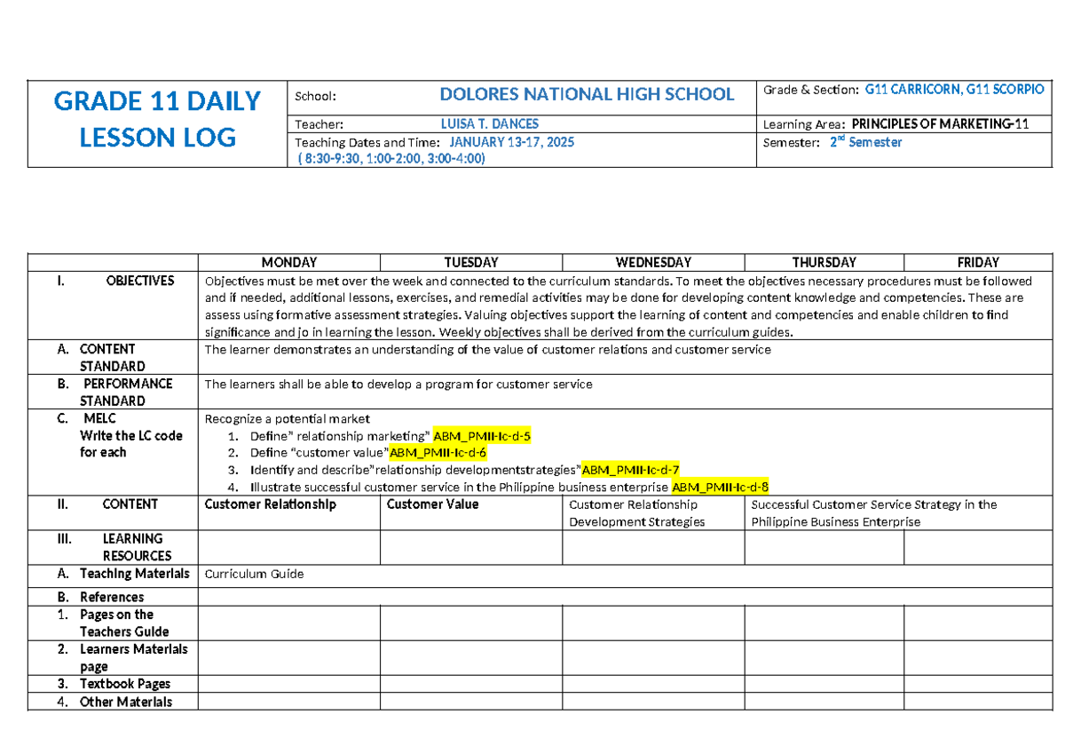 1-w2 - DLL WEEK 1: PRINCIPLES OF MARKETING GRADE 11 LESSON LOG - Studocu
