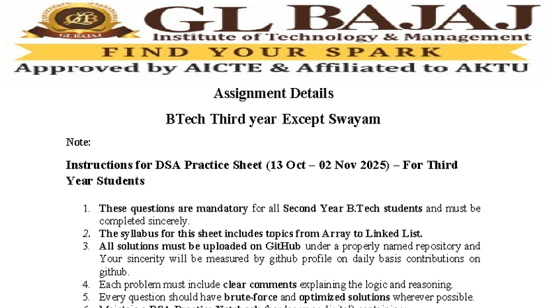 BTech DSA Practice Sheet Assignments for G1, G2, G3 & STG - Studocu