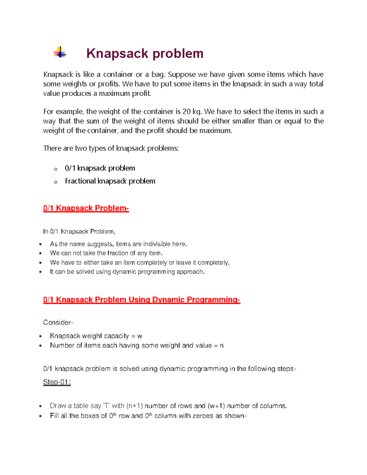 Knapsack Problem - GATE QUESTIONS ARE THERE IN THIS PDF SO, YOU CAN BETTER UNDERSTAND - Knapsack ...