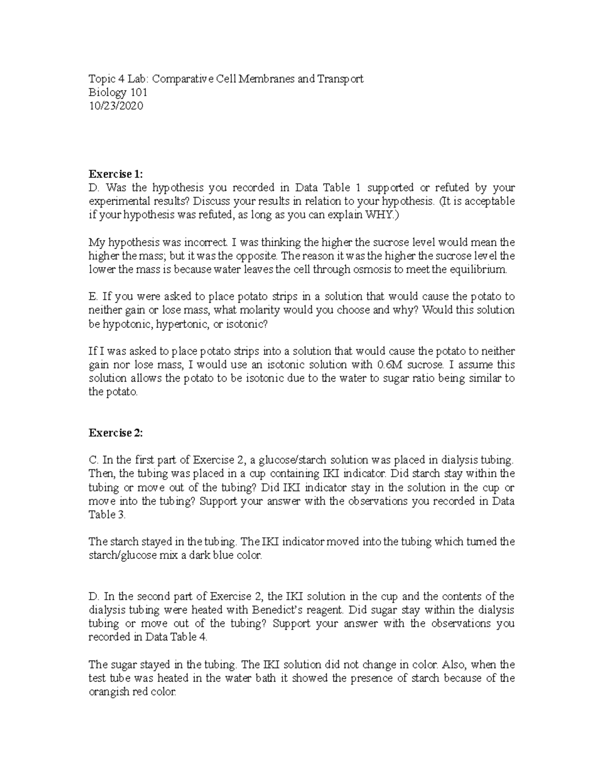 Topic 4 Lab report - Topic 4 Lab: Comparative Cell Membranes and ...