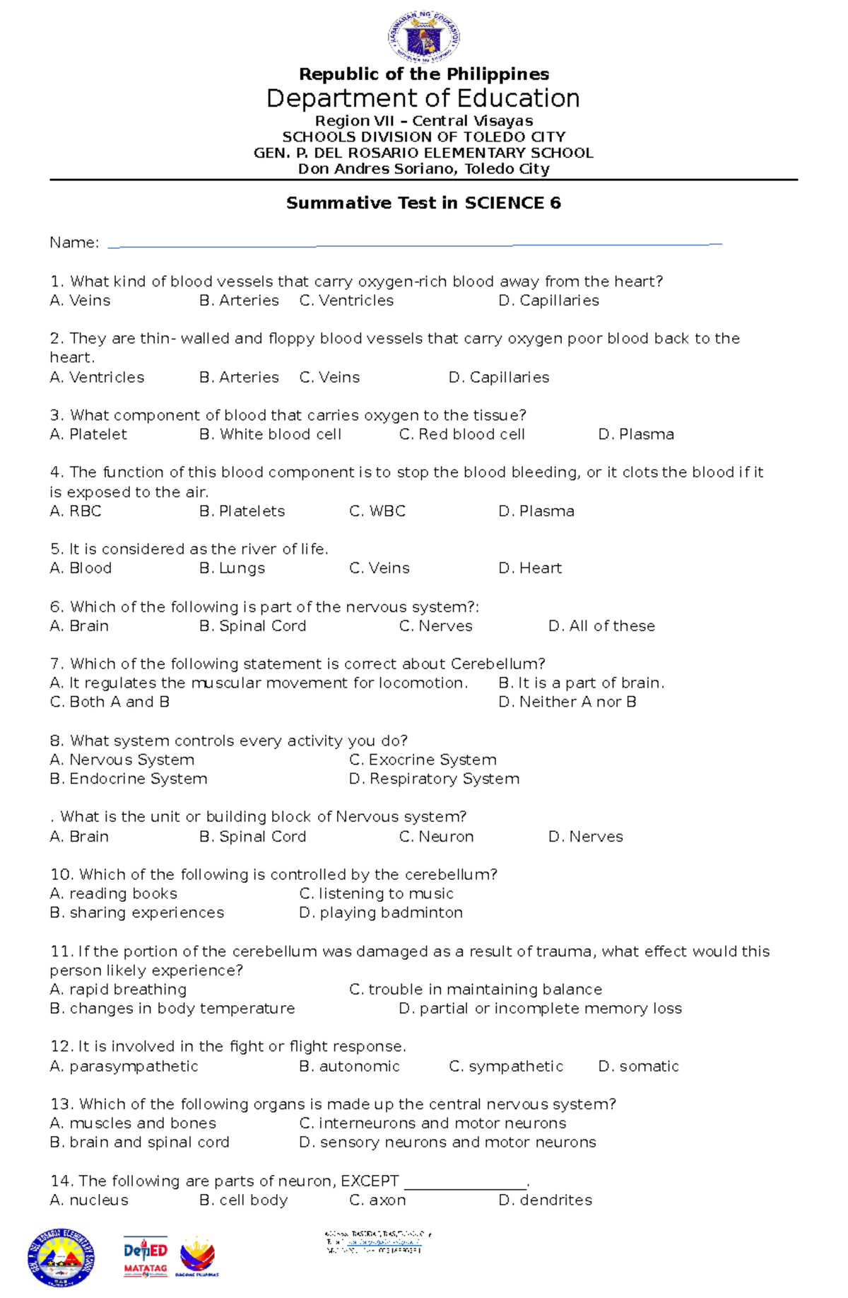 Summative Test: SCIENCE 6 - Focus on Plant Biology and Body Systems ...
