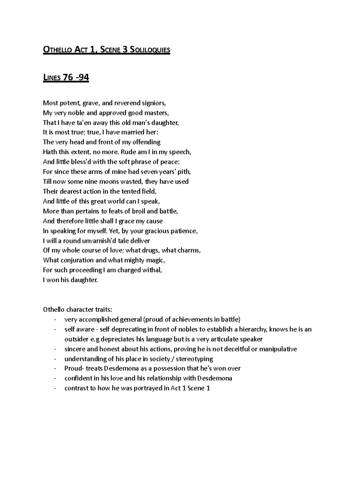 Othello Act 1, Scene 3 Monologue Analysis and Character Traits - Studocu