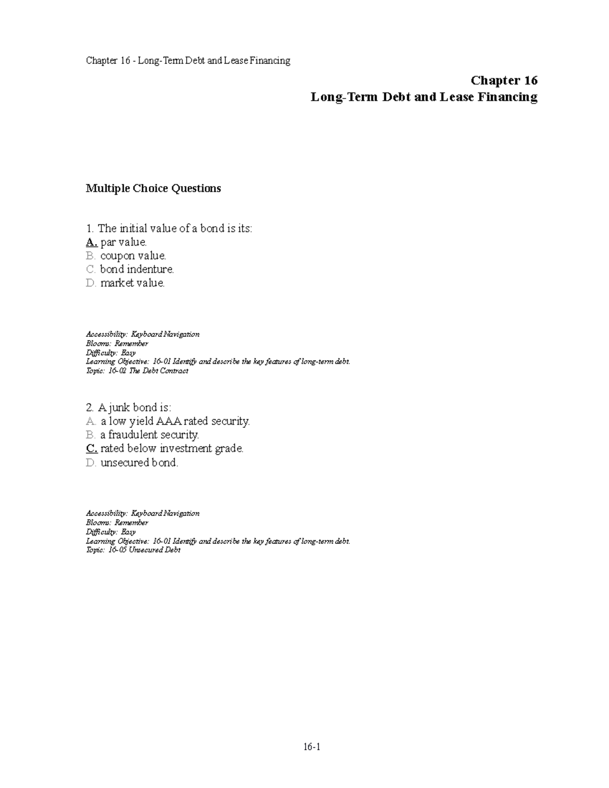 Test Bank FIN 220 Chapter 16: Long-Term Debt & Lease Financing MCQs ...