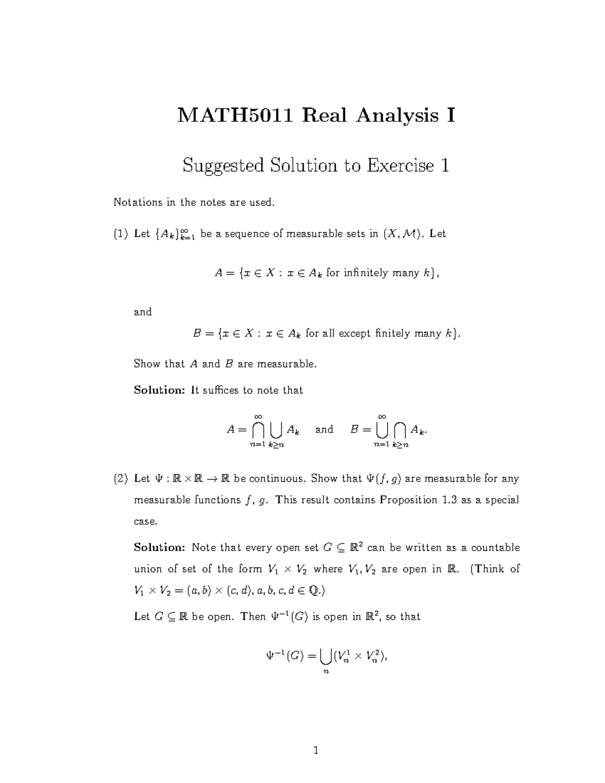 MATH5011 Real Analysis I Solutions to Exercises - 2019 - Studocu