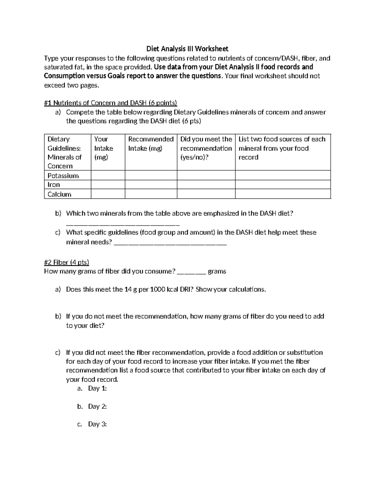 Diet Analysis III Worksheet: Nutrients of Fiber & Saturated Fat - Studocu