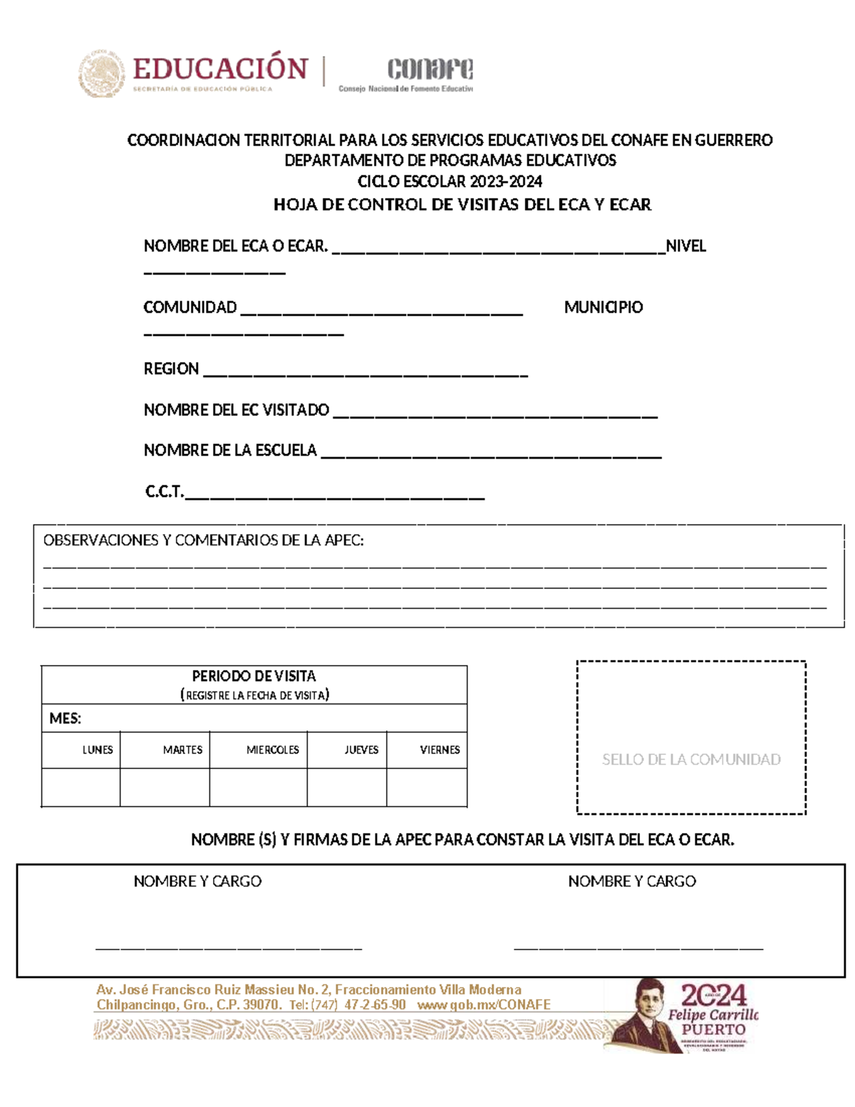 Hoja de Control de Visitas ECA y ECAR 2023-2024 - CONAFE Guerrero - Studocu