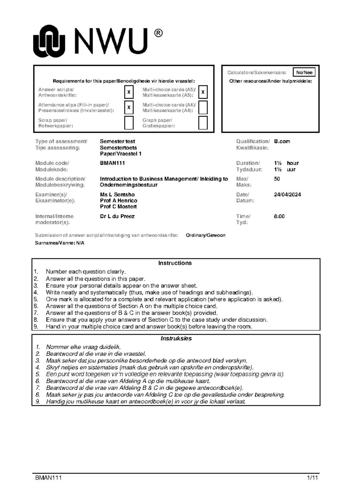 BMAN111 Semester test 2024 MEMO NPW Students - Calculators/Sakrekenaars ...