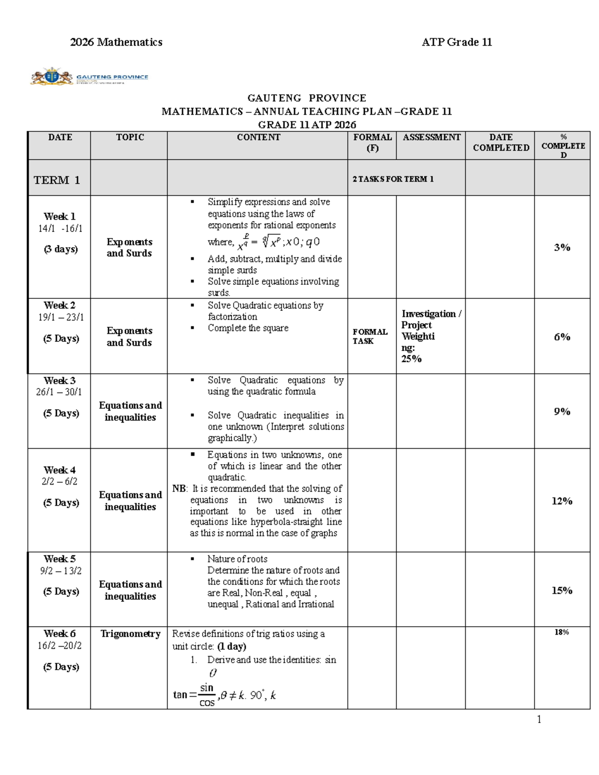 2026 Mathematics ATP Grade 11: Comprehensive Teaching Plan - Studocu