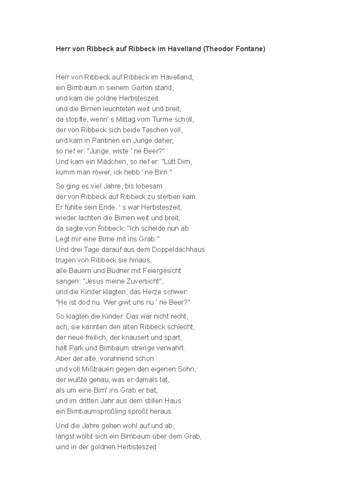 Analyse der Ballade "Herr von Ribbeck auf Ribbeck im Havelland" (1889 ...