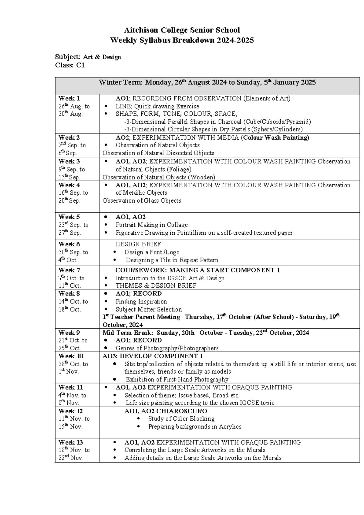 C1 Art Design Weekly Syllabus Breakdown: 2024-25 - Studocu