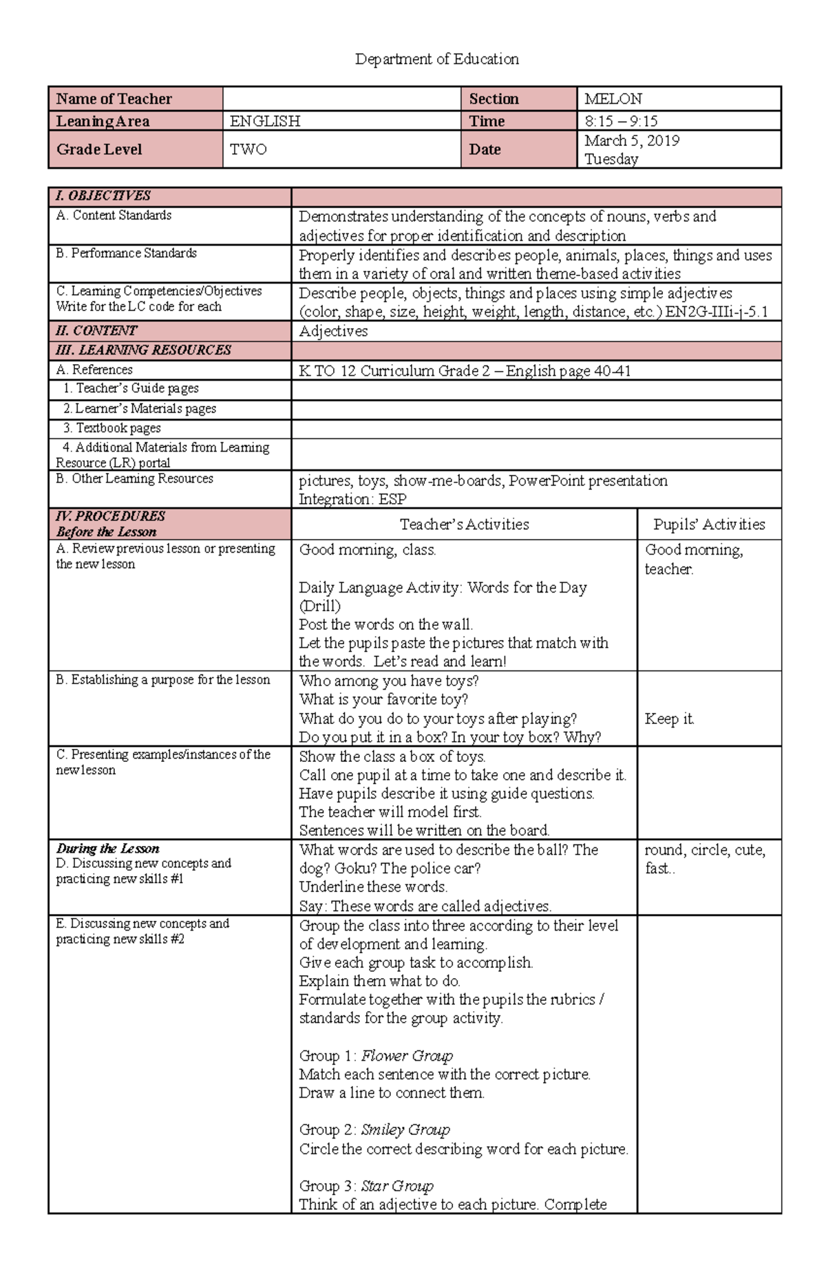 COT DLP English 2 - Detailed Lesson Plan on Adjectives - Studocu