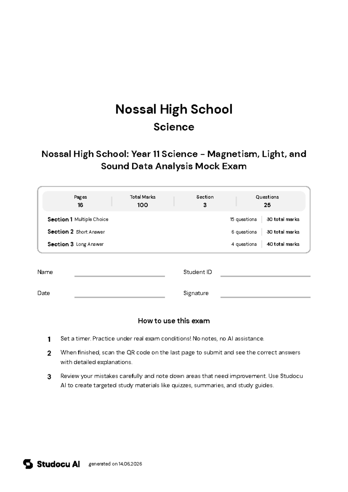 Year 11 Science Mock Exam: Magnetism, Light, Sound - Studocu