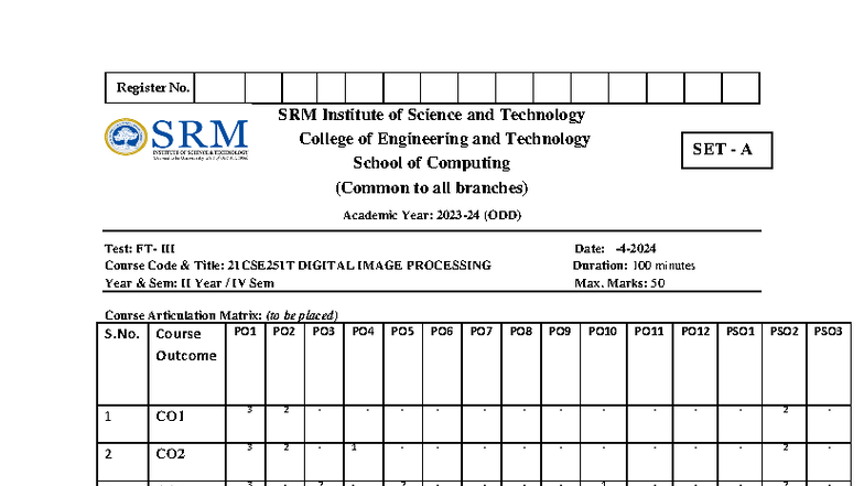 21CSE251T Digital Image Processing - ODD Sem II Test Set A - Studocu