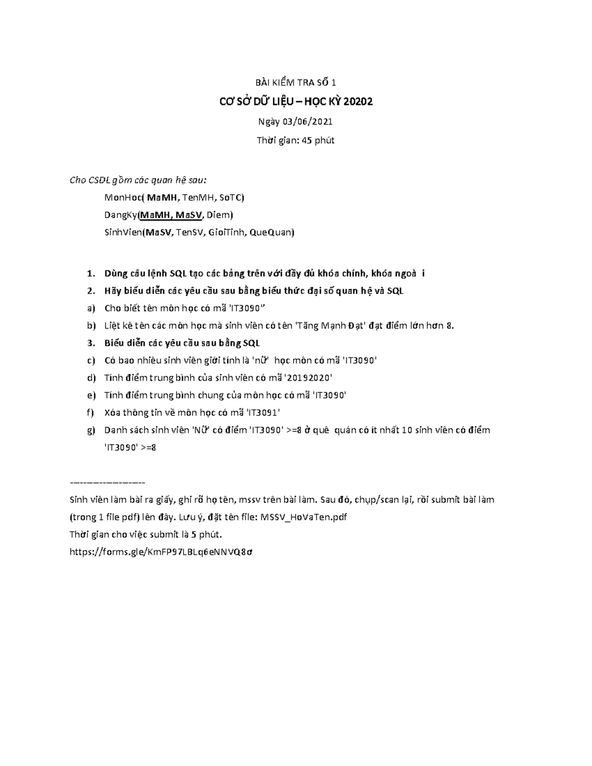 BÀI KIỂM TRA SỐ 1 CƠ SỞ DỮ LIỆU HỌC KỲ 20202 - Studocu
