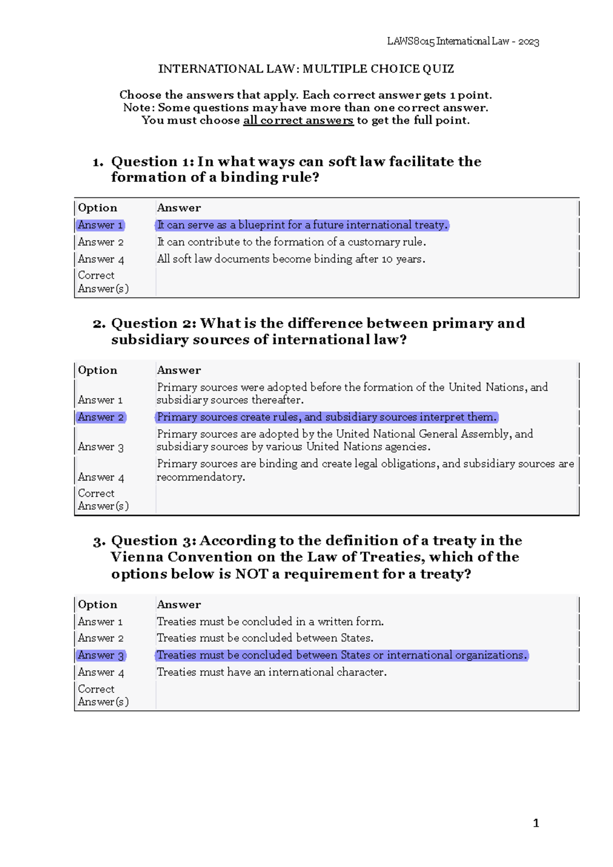 INTERNATIONAL LAW: MCQ Quiz with Answers (Final Exam Preparation) - Studocu