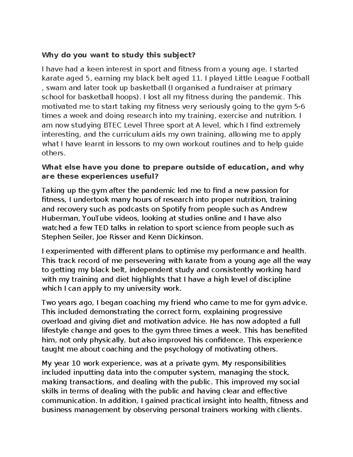 Personal Statement Draft 4: Passion for Sport & Fitness - Studocu
