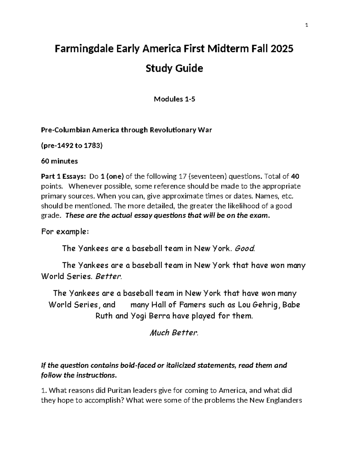 Farmingdale Early America First Midterm Study Guide (Fall 2025) - Studocu