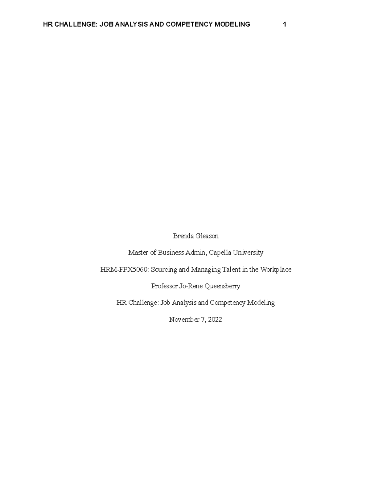 HRM-FPX5060 Assessment 2-2: Job Analysis & Competency Modeling Report ...